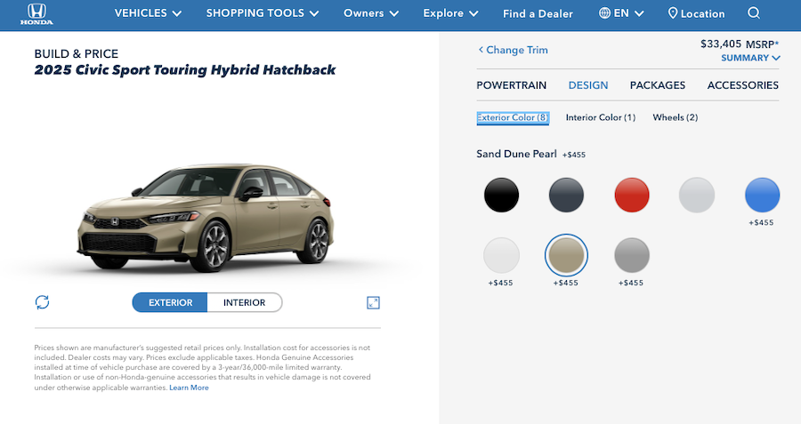 2025 Civic Hatchback Hybrid Build & Price Configurator Site Finally Up ...